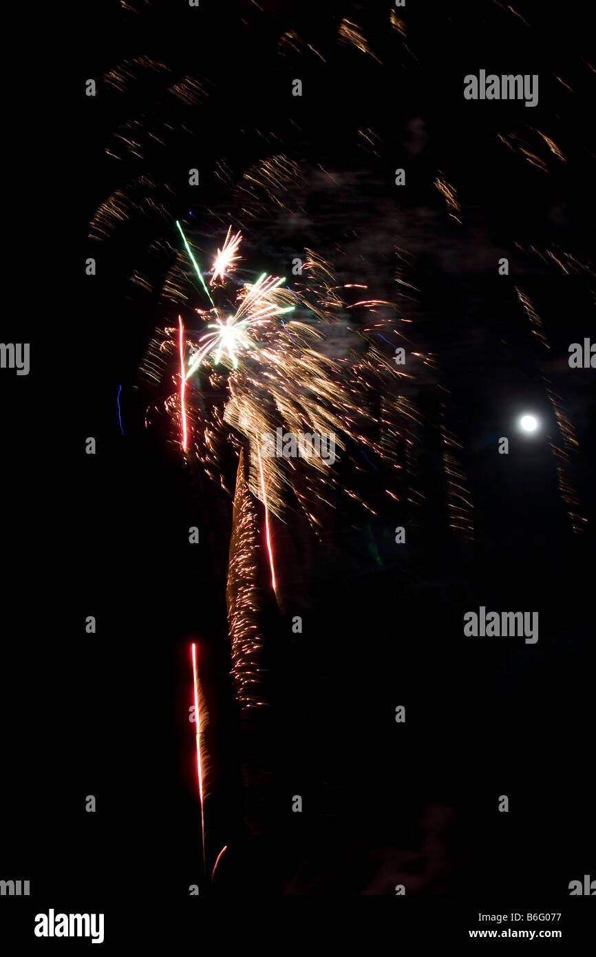 Firework display light show rocket explosion spread in black sky Full ...