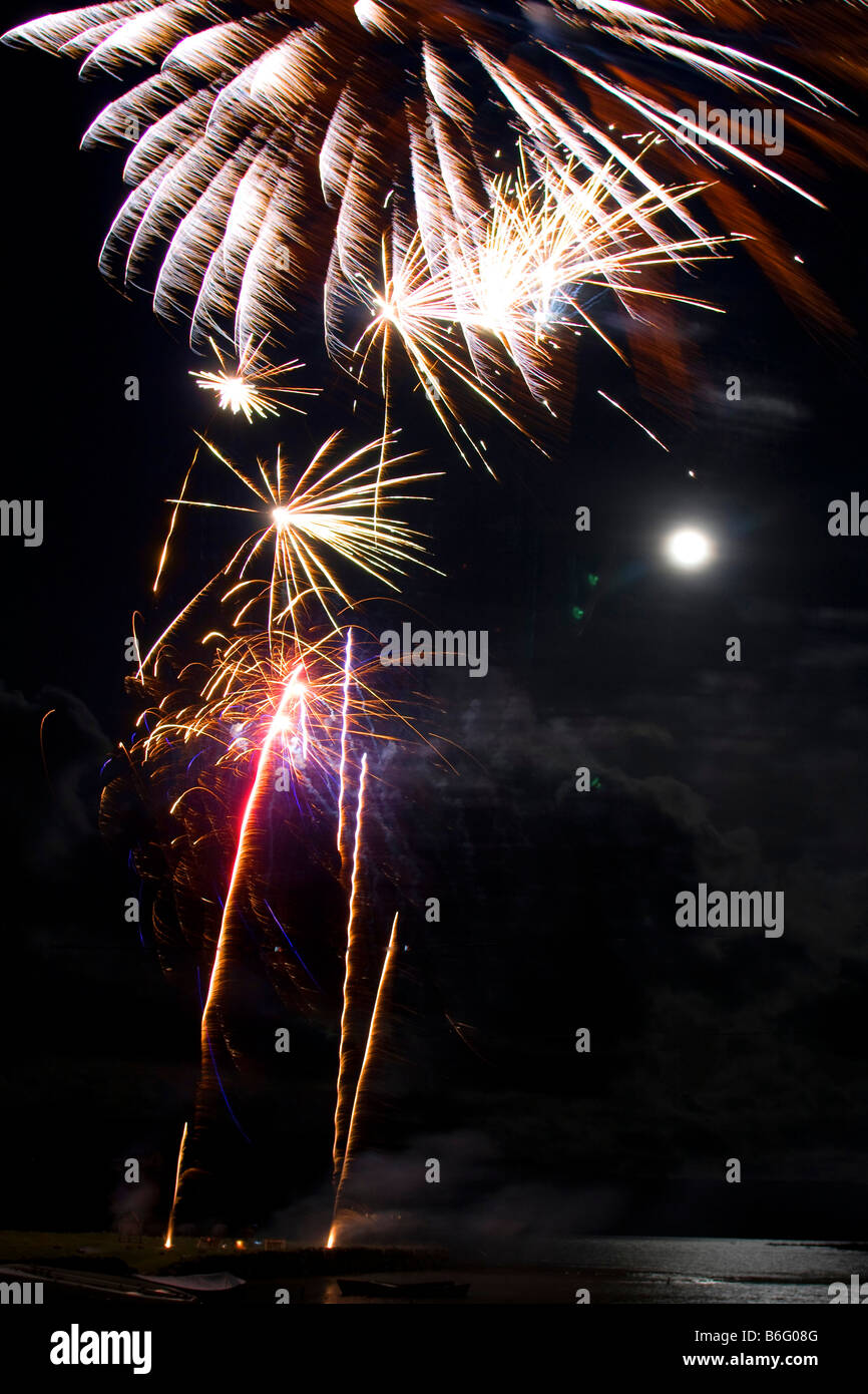 Firework display light show rocket explosion spread in black sky Full ...