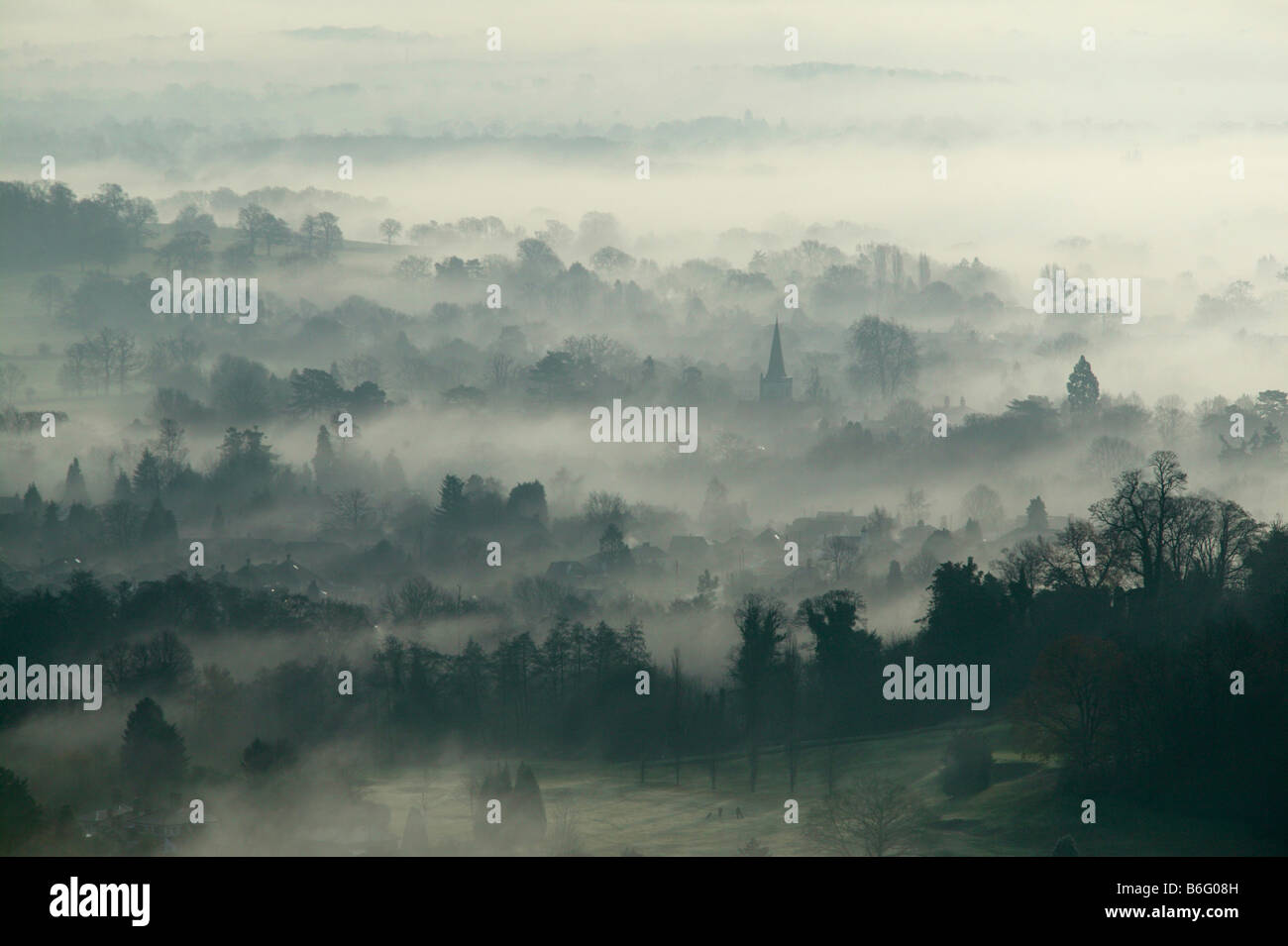 Brockham village church spire through fog mist early morning, from "Box ...