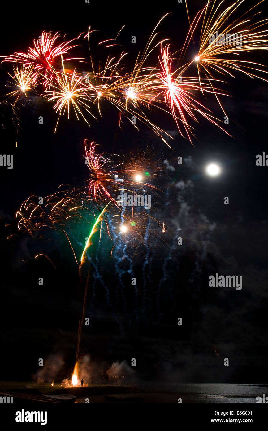 Firework display light show rocket explosion spread in black sky Full ...