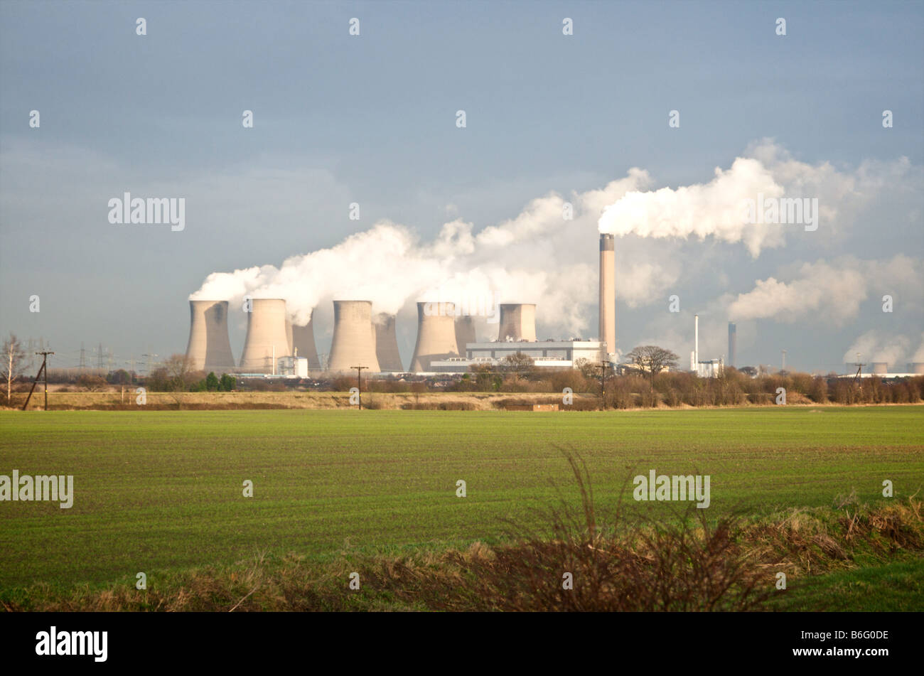 Cooling towers from a power plant seen from the M62 East in UK Stock ...