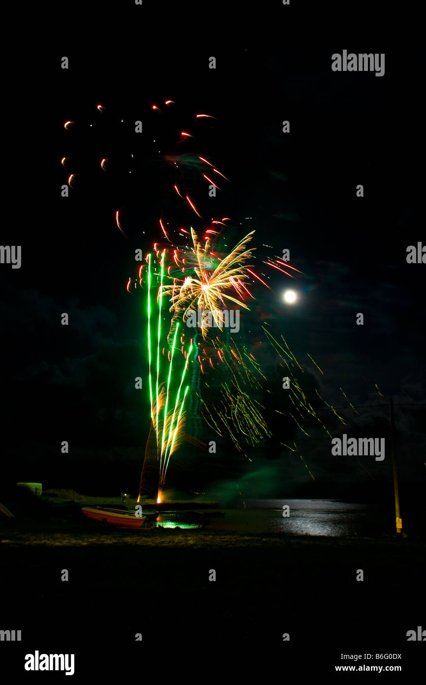 Firework display light show rocket explosion spread in black sky Full ...