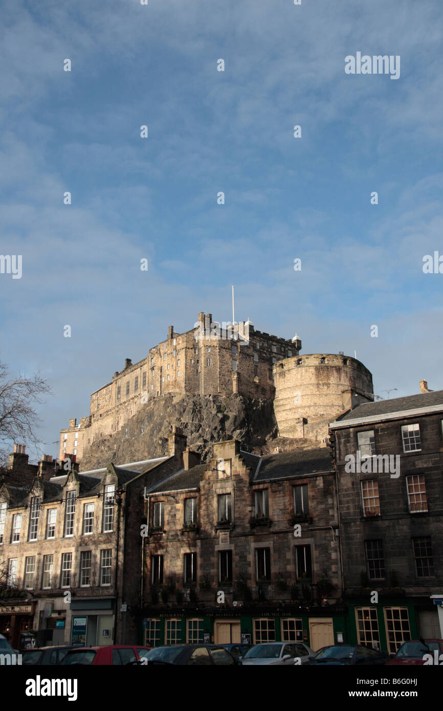 Edinburgh Castle in morning sunshine above Grassmarket Edinburgh ...