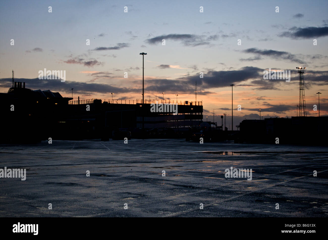 Hull Harbor at sunset, with the building of P&O marked against the ...