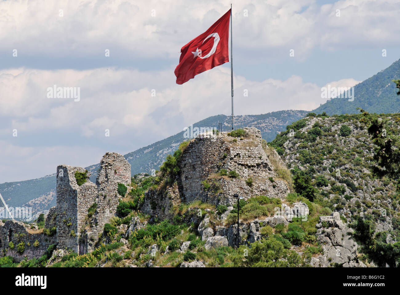 Ruins of the old fortress above the Turkish city Fethiye Stock Photo ...