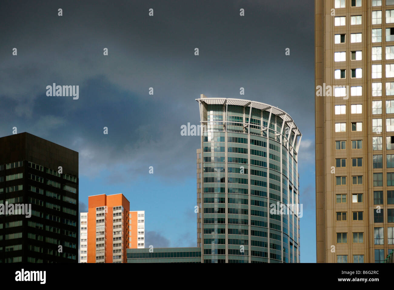 Skyscrapers buildings modern tall bank facades in Rotterdam city center ...