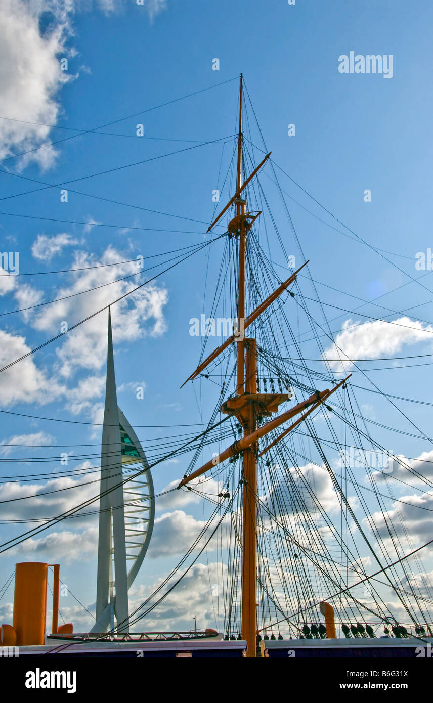 Mast,Tower, funnel and rigging at Portsmouth Stock Photo - Alamy