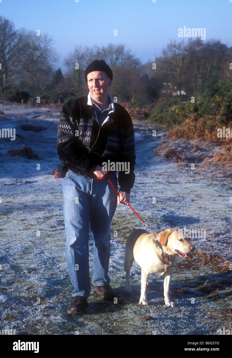 Man walking with his dog in the forest Stock Photo - Alamy