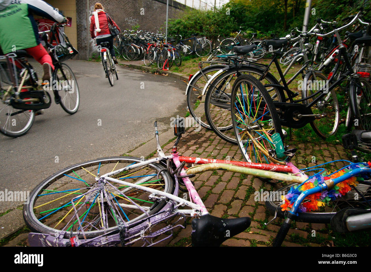 Many bicycles lying down at street by road in Delft town Netherlands ...