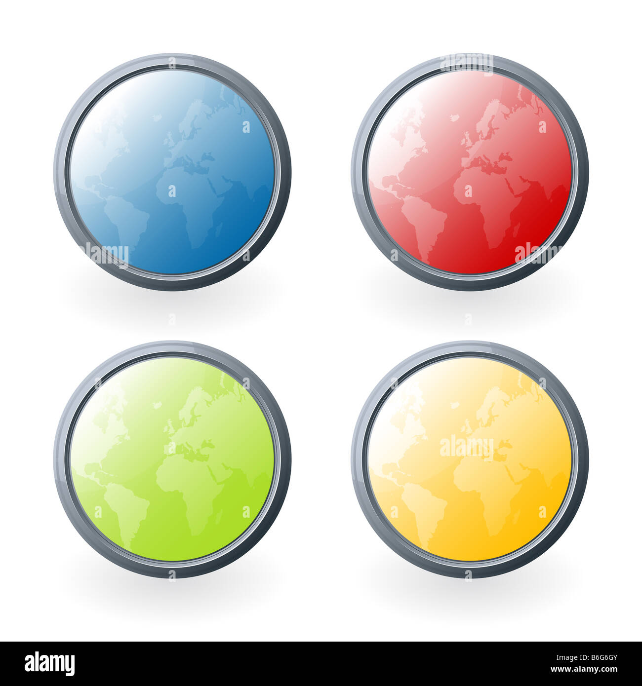 Vector illustration of four highly detailed glossy world map buttons or ...