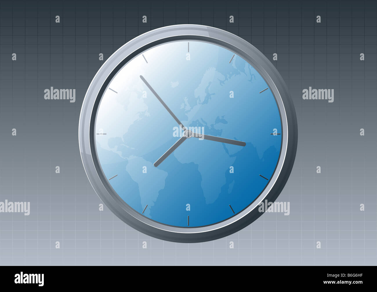 Vector illustration of a glossy glass clock with world map background ...