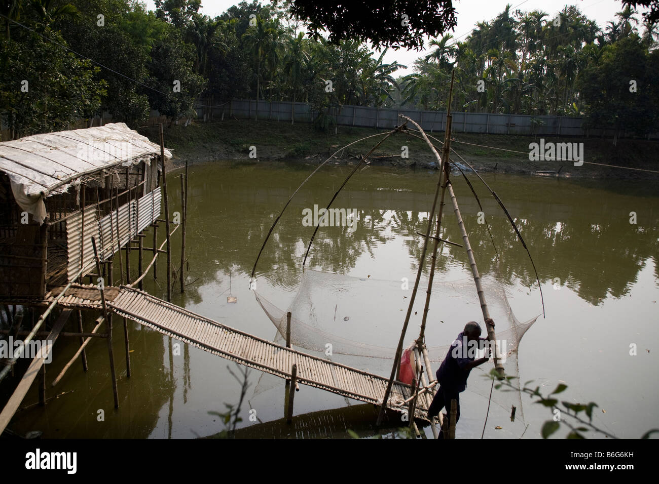 A large fishing net in a pond Bangladesh Stock Photo - Alamy