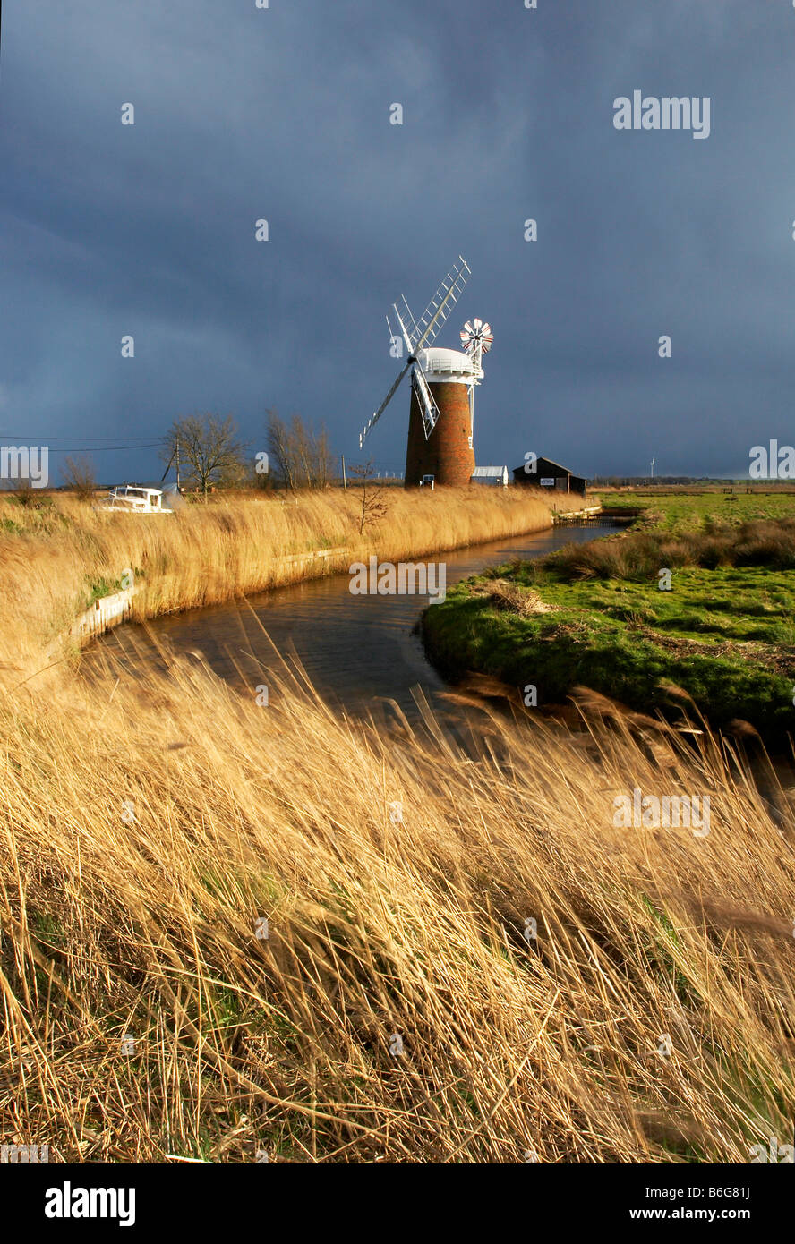 Horsey Drainage Pump during a storm on the Norfolk Broads Stock Photo ...