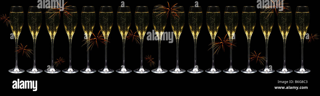 Very long banner with 17 champagne flutes in a row over black ...