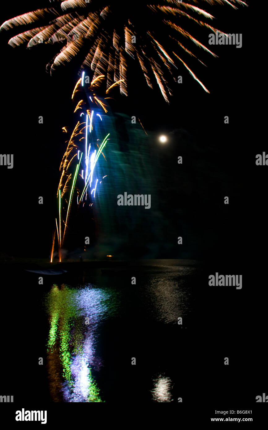 Firework display light show rocket explosion spread in black sky Full ...