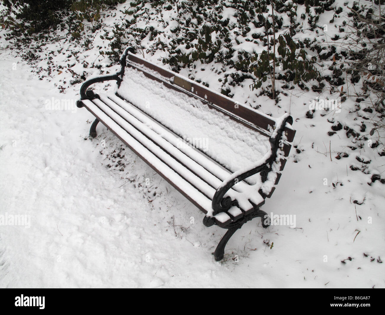 Snow covered park bench Stock Photo - Alamy