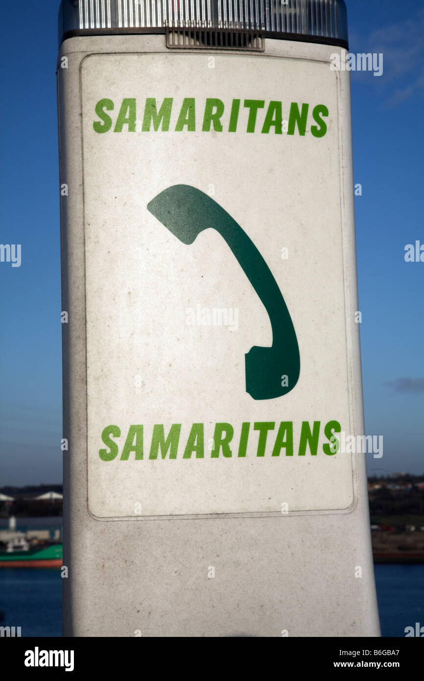 Samaritans Freephone sign with arrow on Orwell Bridge, Suffolk, England ...