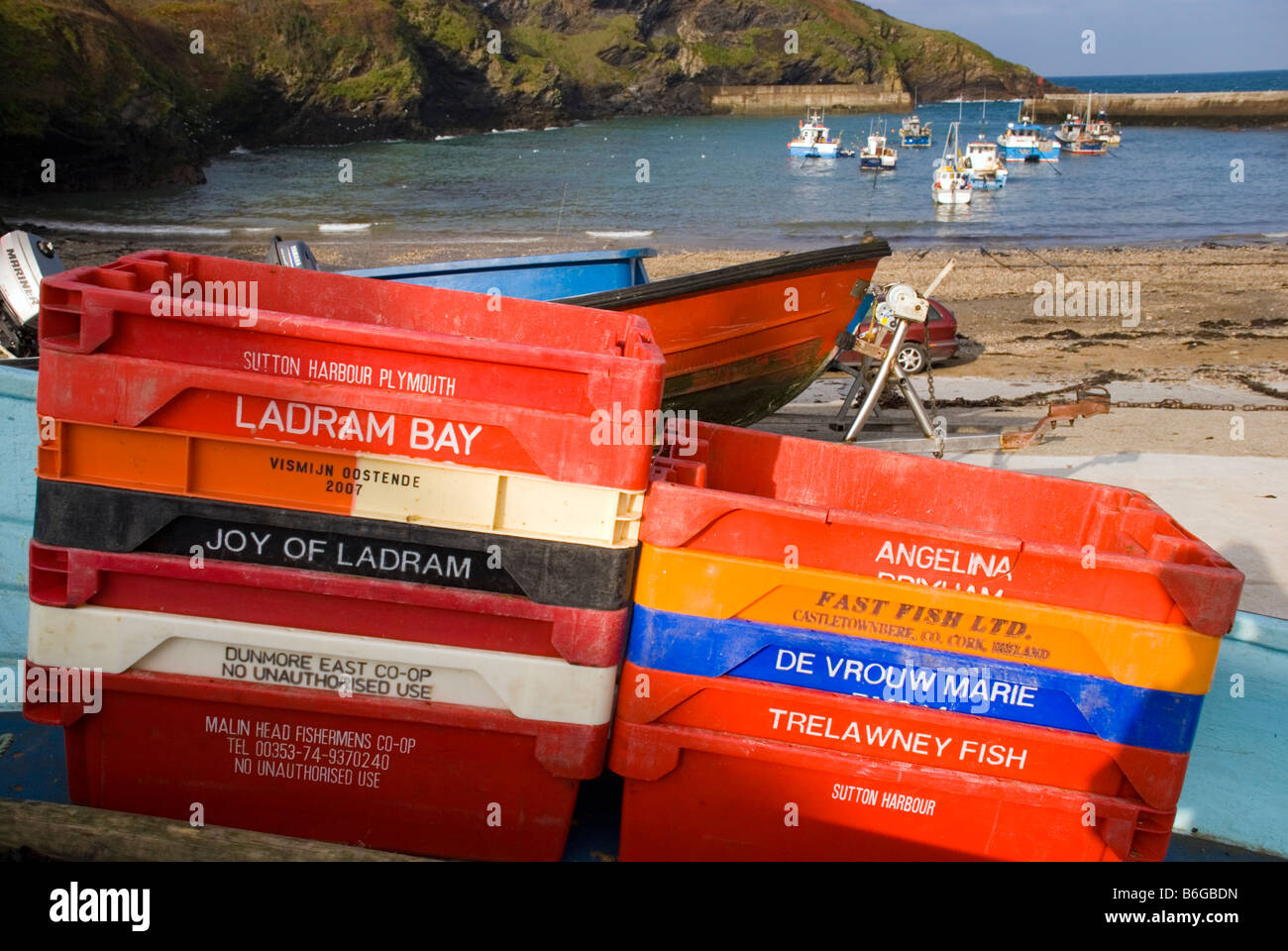 Port Isaac Cornwall England UK Fish and shellfish crates from various ...