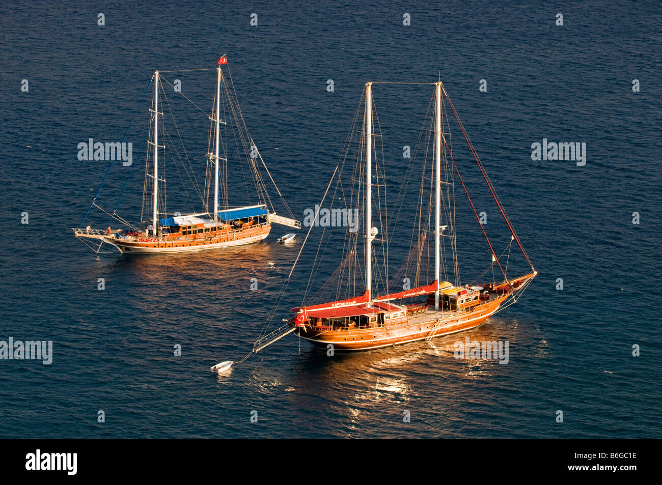 Turkish traditional wooden gulets anchoring in Kekova Antalya Stock ...