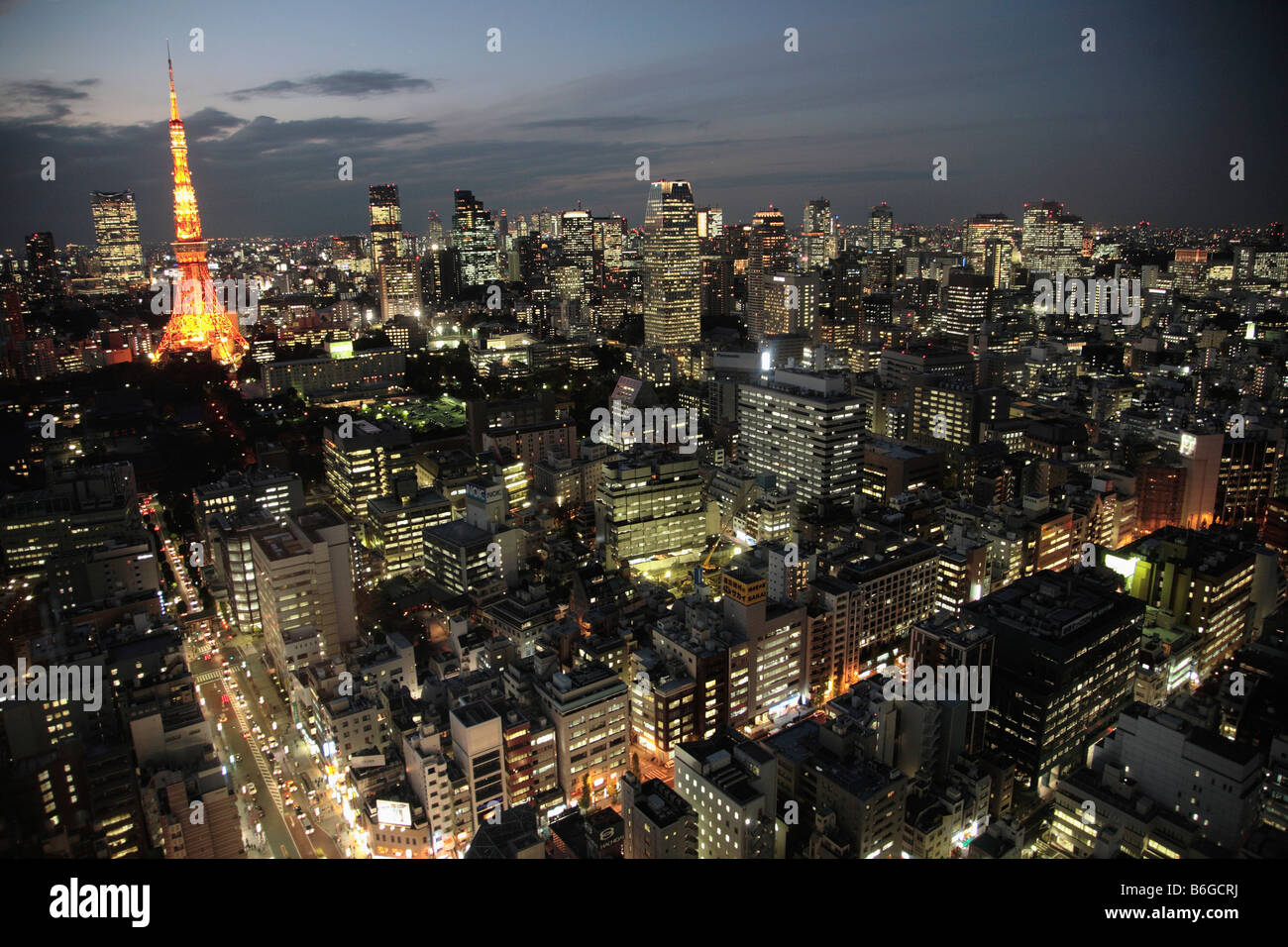 Japan Tokyo skyline at night general aerial view Tokyo Tower Stock ...