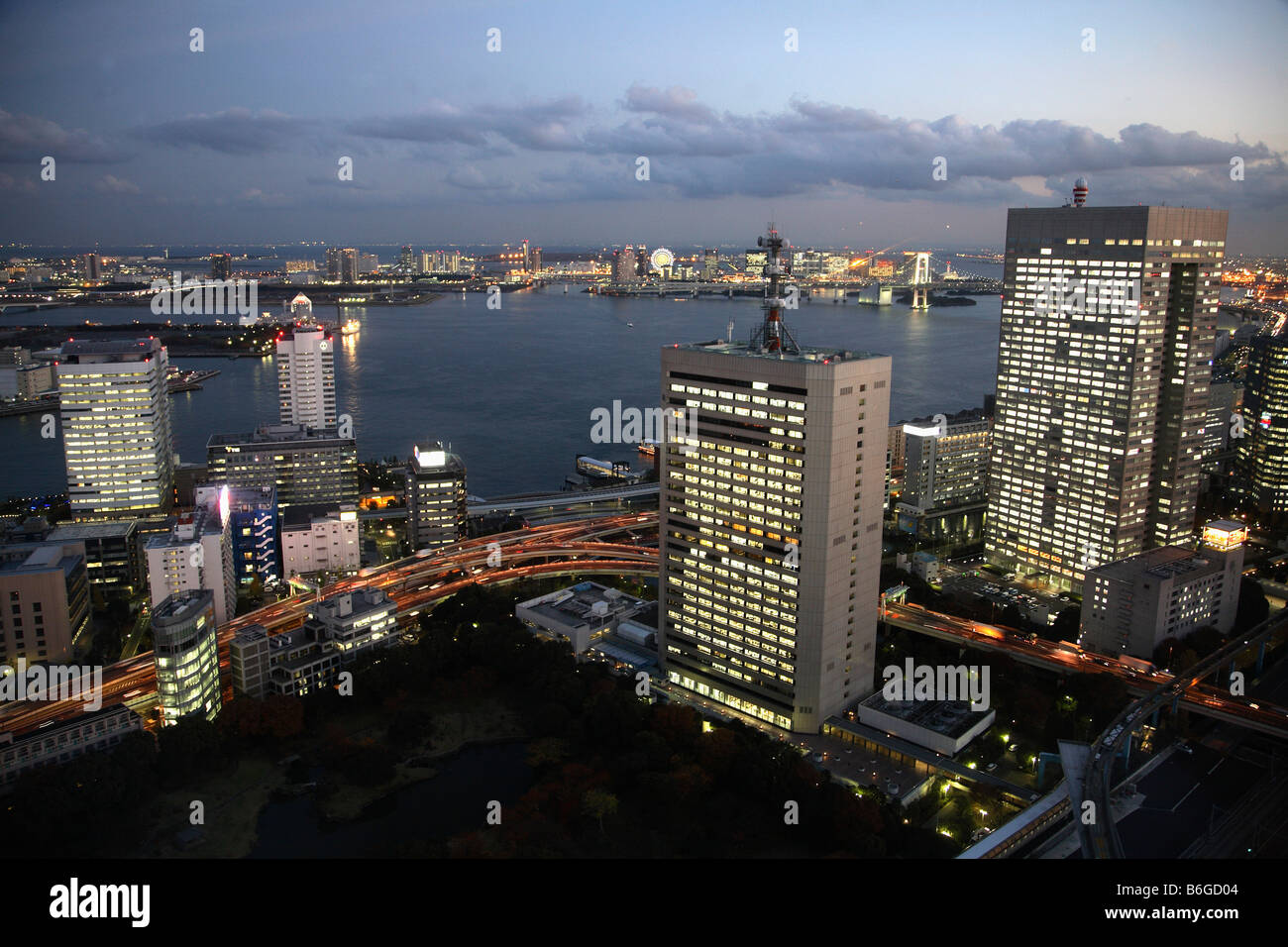 Japan Tokyo harbour area skyline at night general aerial view Stock ...