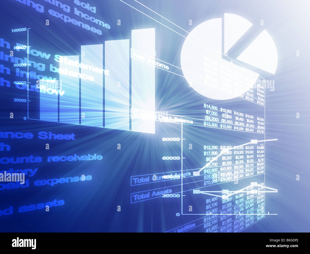 Illustration of Spreadsheet data and business charts in glowing ...