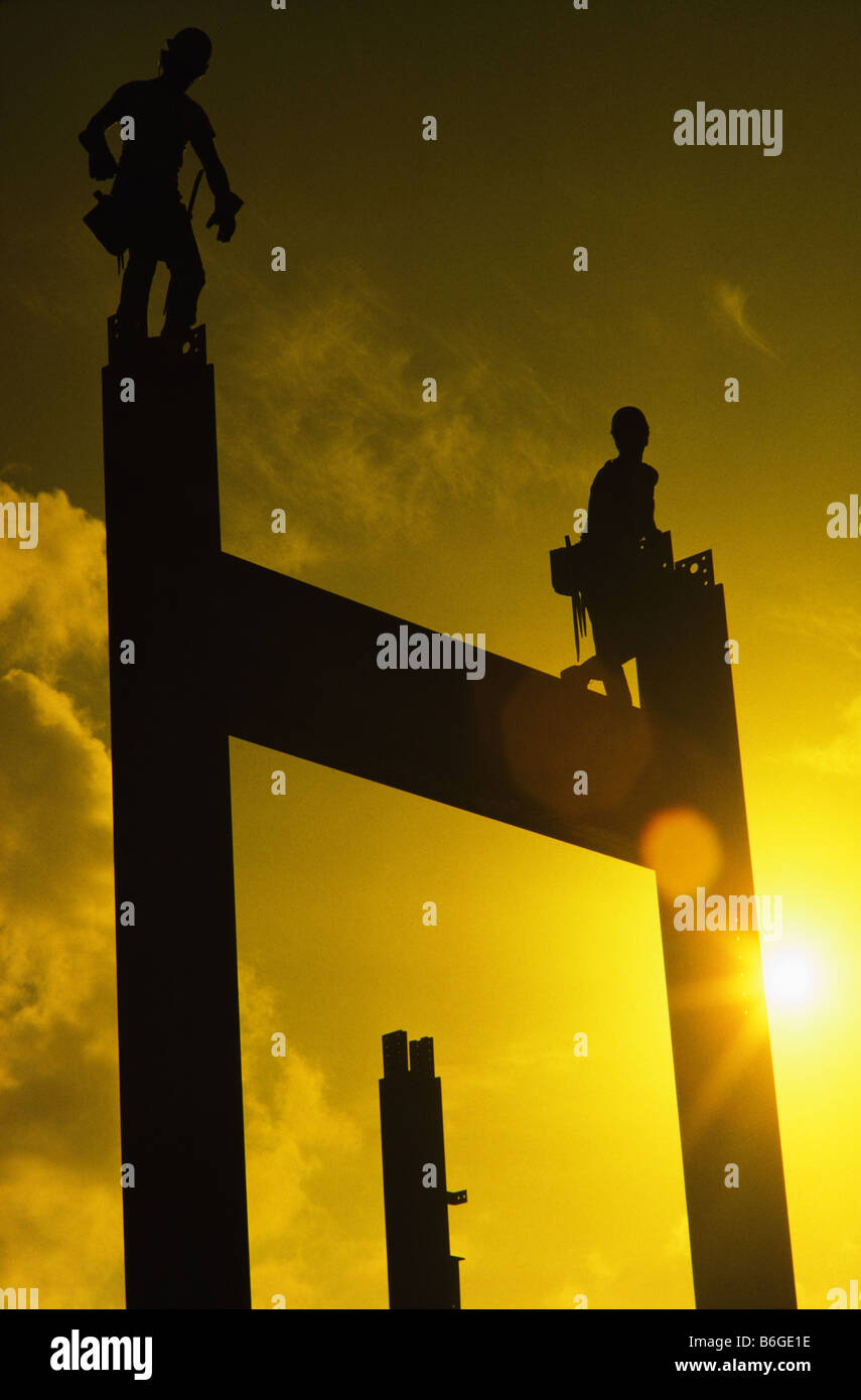 High Rise Building under construction, steel workers, walking on steel ...