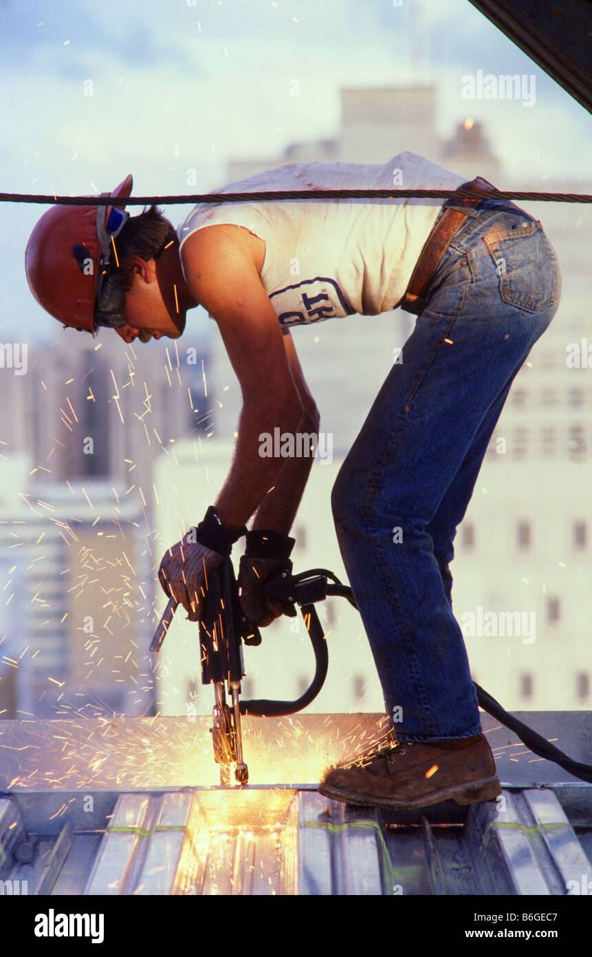 High Rise Building under construction, steel workers, walking on steel ...