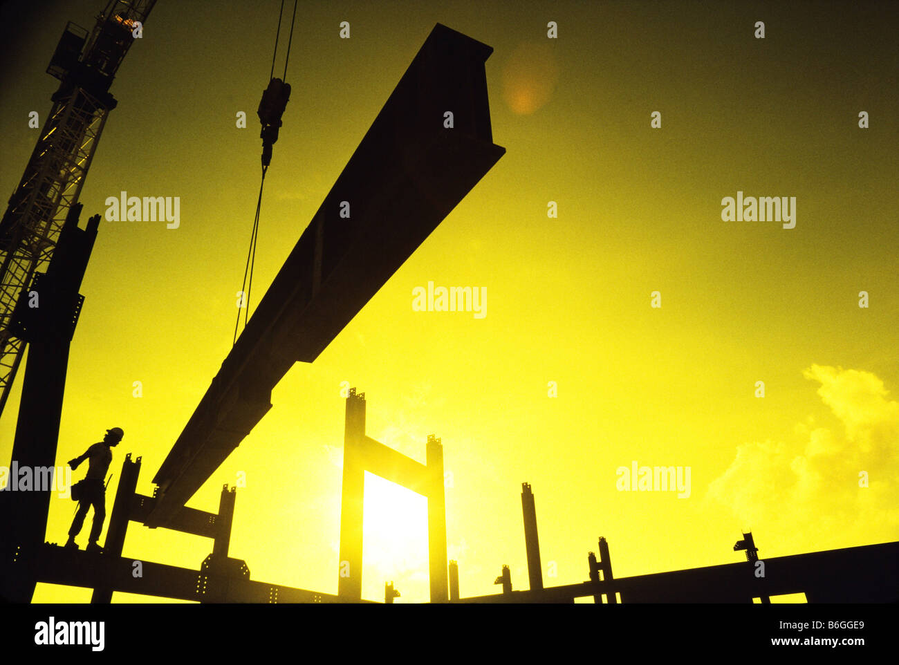 High Rise Building under construction, steel workers, walking on steel ...