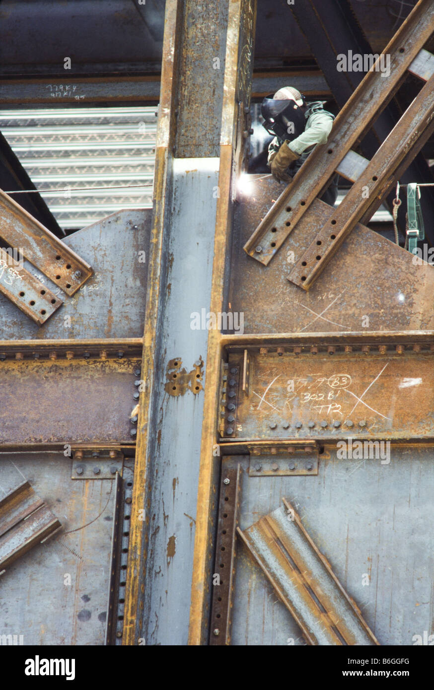 High Rise Building under construction, steel workers, walking on steel ...