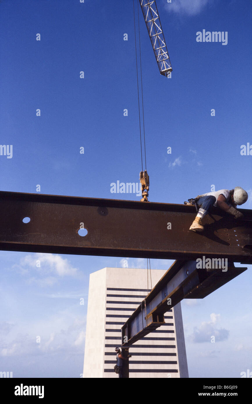High Rise Building under construction, steel workers, walking on steel ...