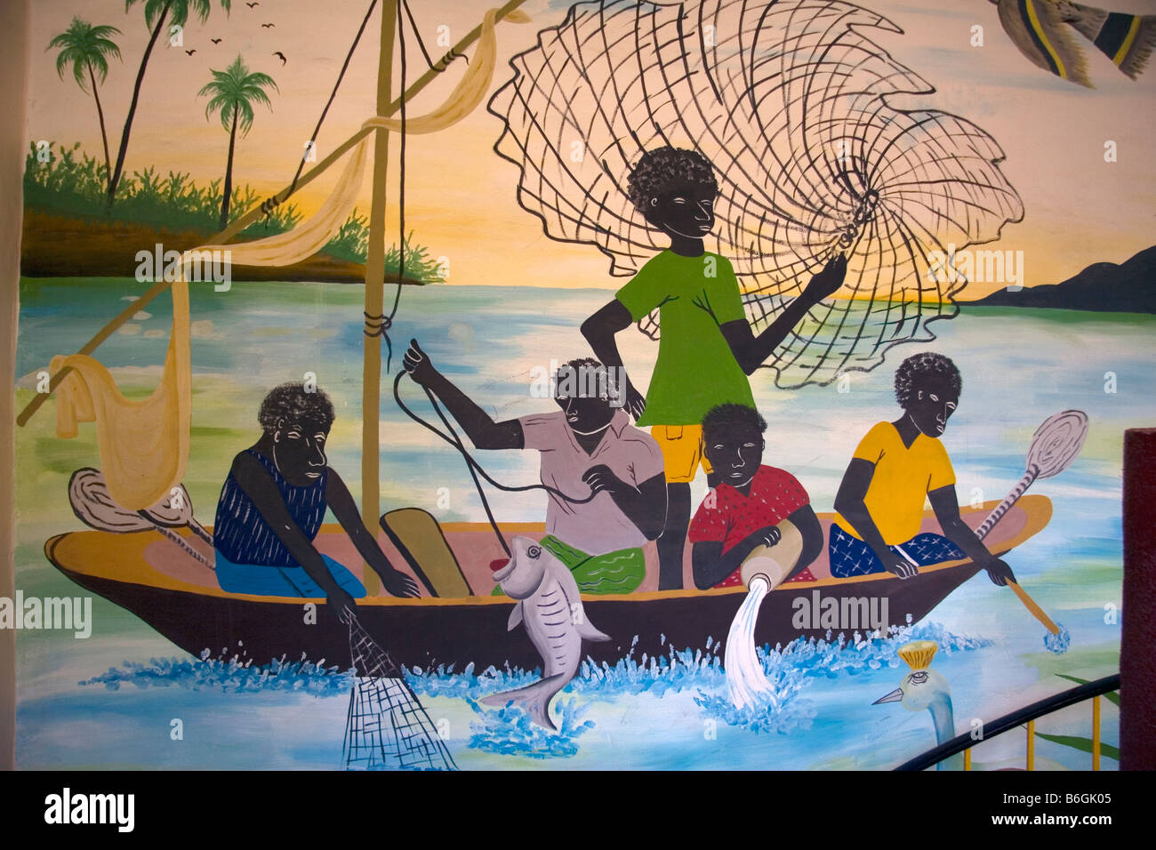Mural painting showing traditional scene of fishermen on boat catching ...