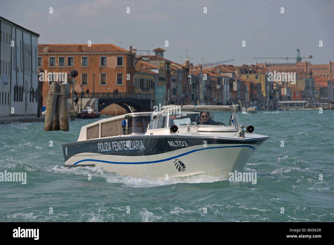 Police launch near Ferrovia Grande Canal Venice Italy April 2008 Stock ...