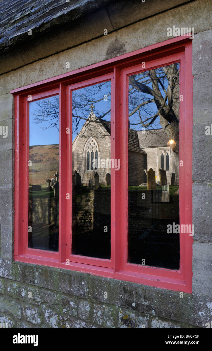 Reflection of church in window Tyneham Dorset England Stock Photo - Alamy