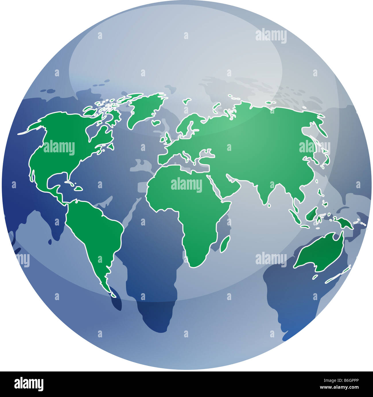 Map of the world illustration on glossy spherical globe Stock Photo - Alamy