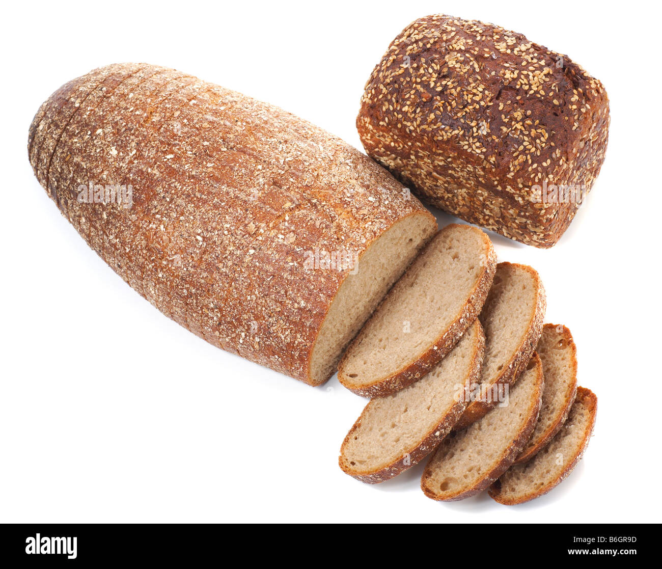 loafs of whole wheat and rye bread isolated on white background with ...