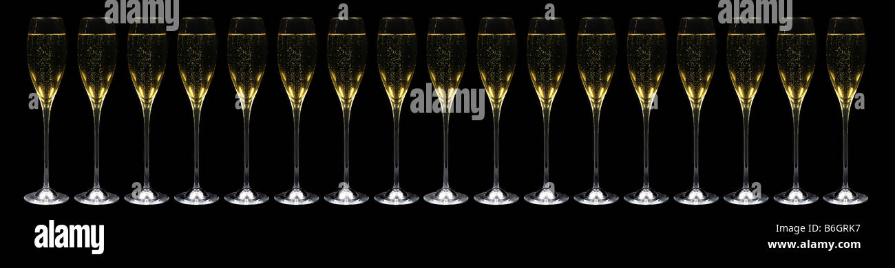 Very long banner with 17 champagne flutes in a row over black ...