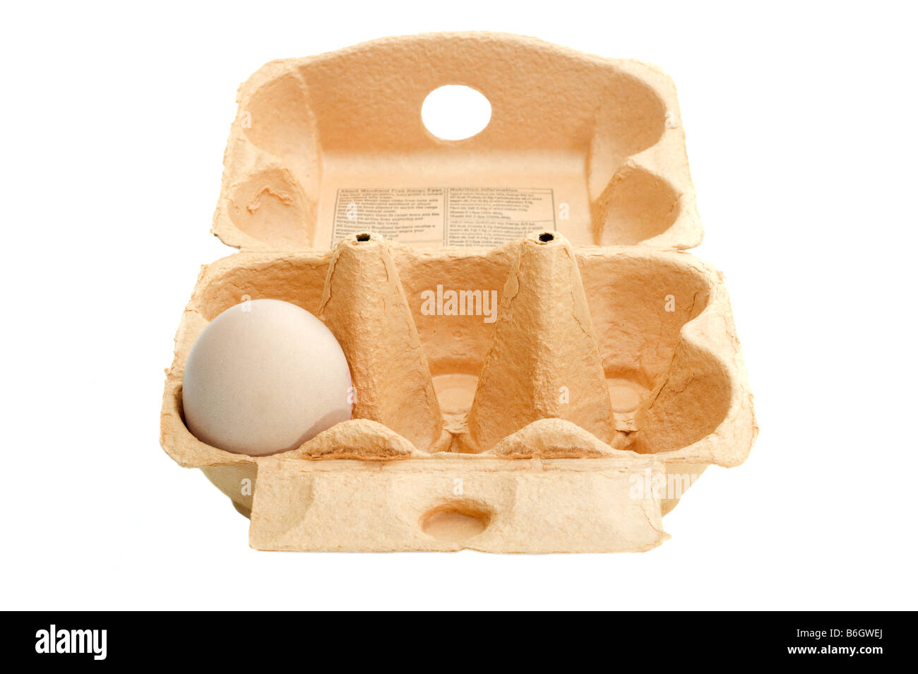 Open Six hens egg box container with one remaining egg left inside ...