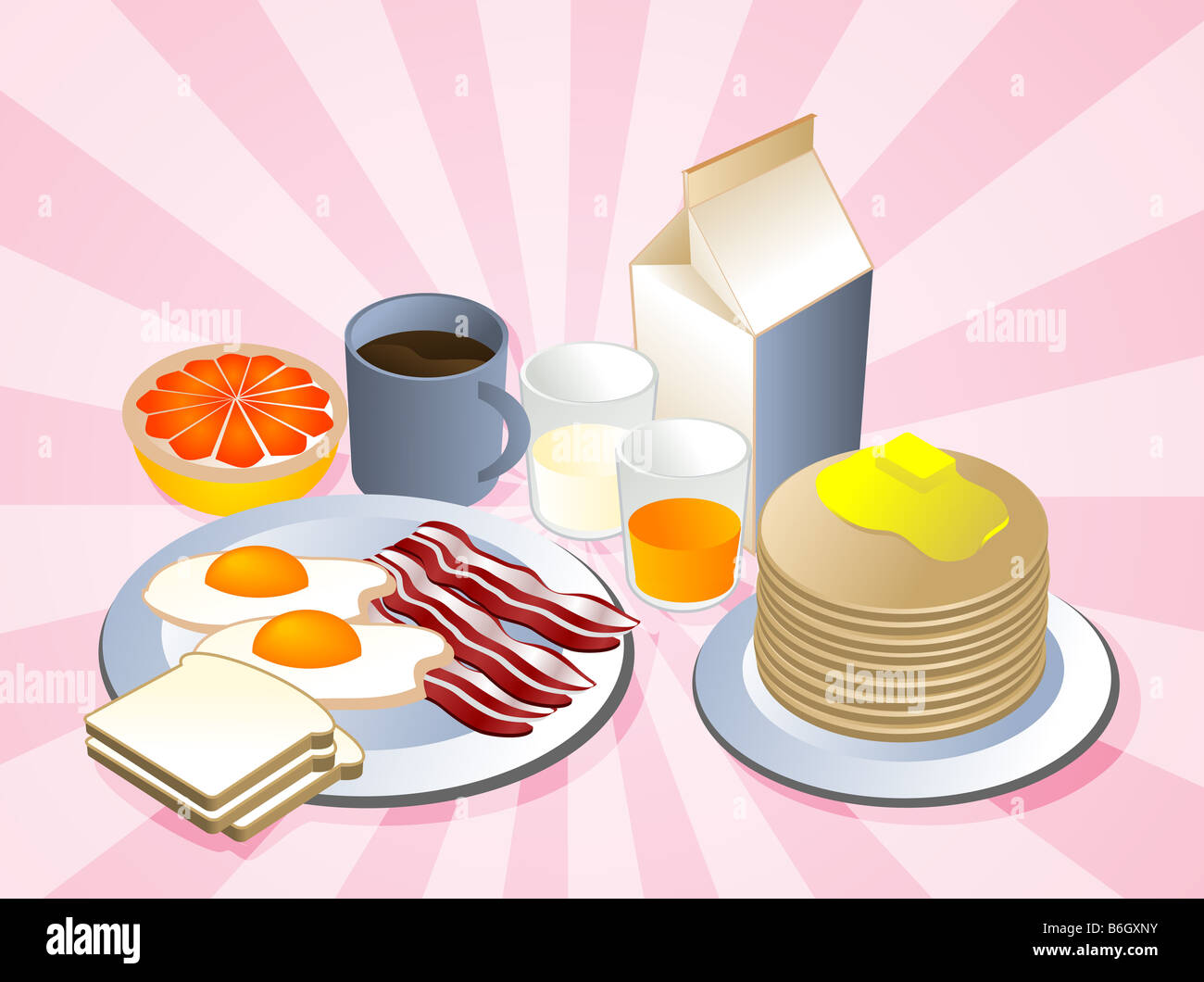 Complete breakfast with bacon pancakes coffee milk Stock Photo - Alamy