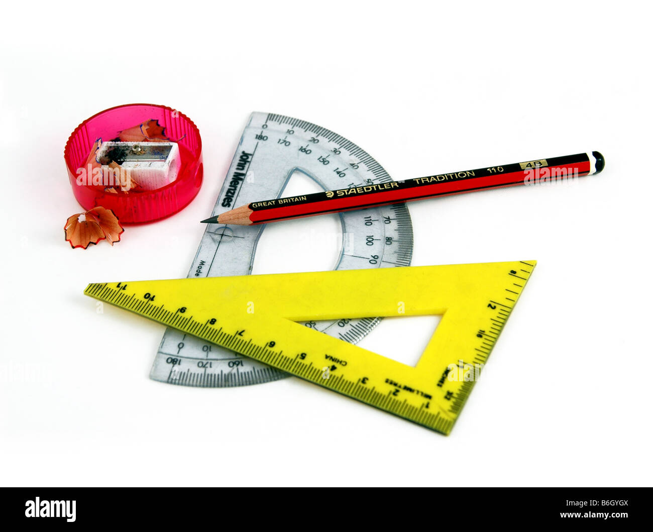 Set square, protractor, sharpener and pencil Stock Photo - Alamy