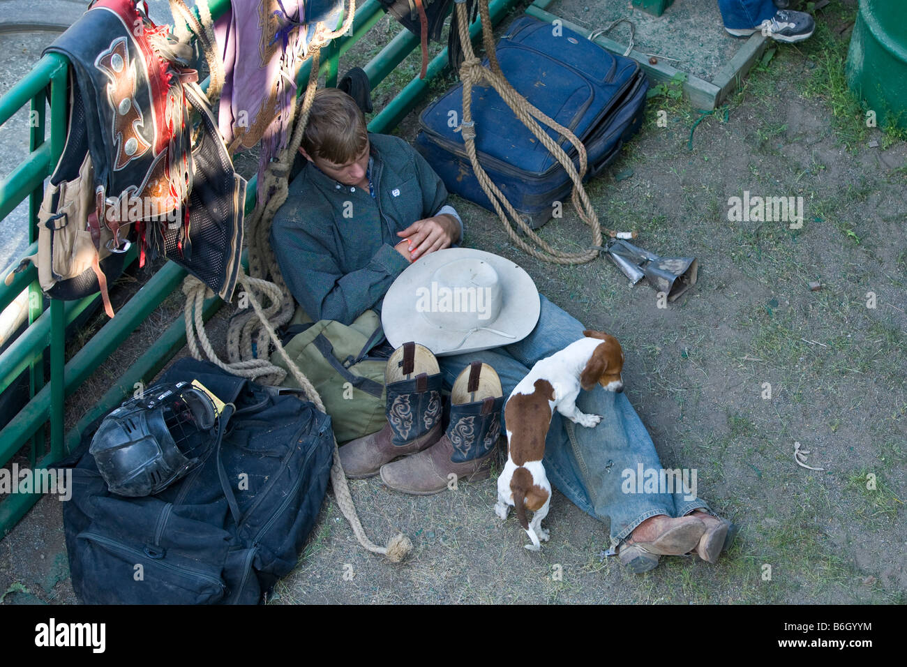 cowboy behind the scenes at rodeo, with dog Stock Photo - Alamy