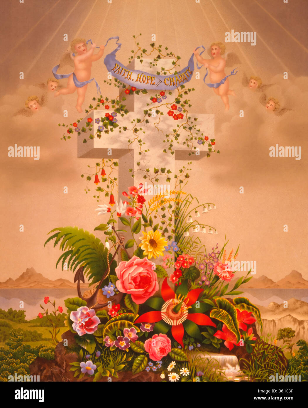 Illustration of Cross with flowers and cherubs holding banner "Faith ...