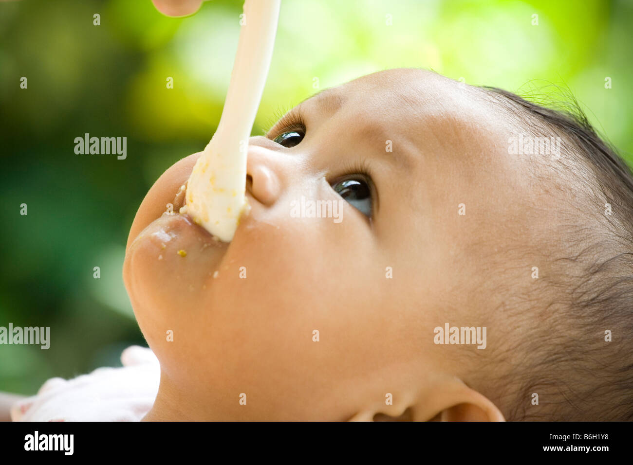 Southeast Asian Ethnicity Baby Girl Being Feed with Healthy Porridge on ...