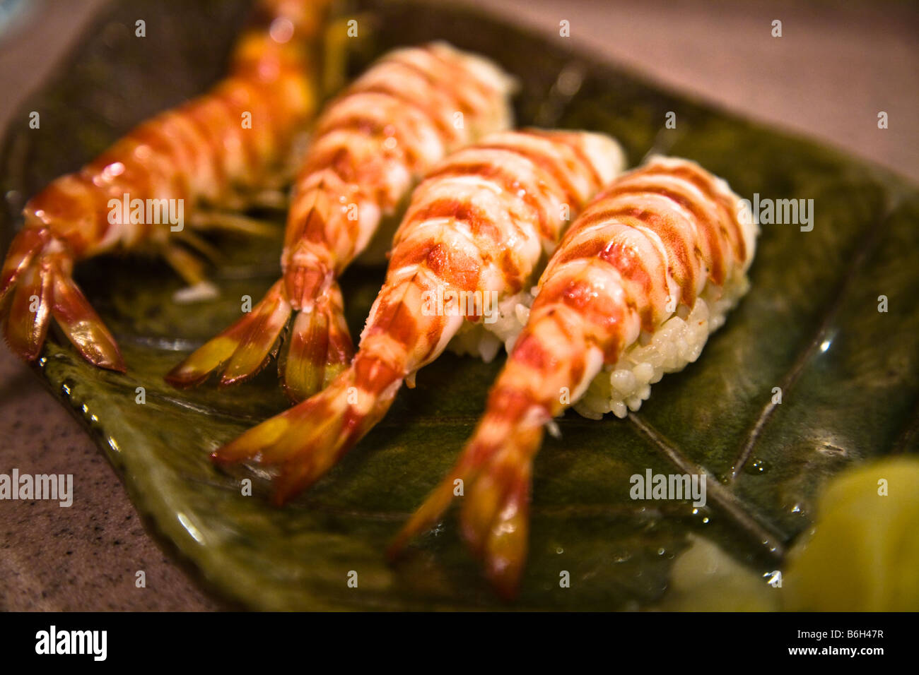 Shrimp sushi in a Japanese restaurant Stock Photo - Alamy