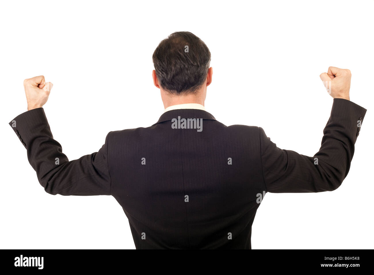 back view victorious businessman raising arms Stock Photo - Alamy