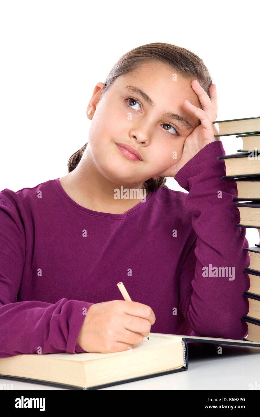 Adorable girl with many books thinking on a over white background Stock ...
