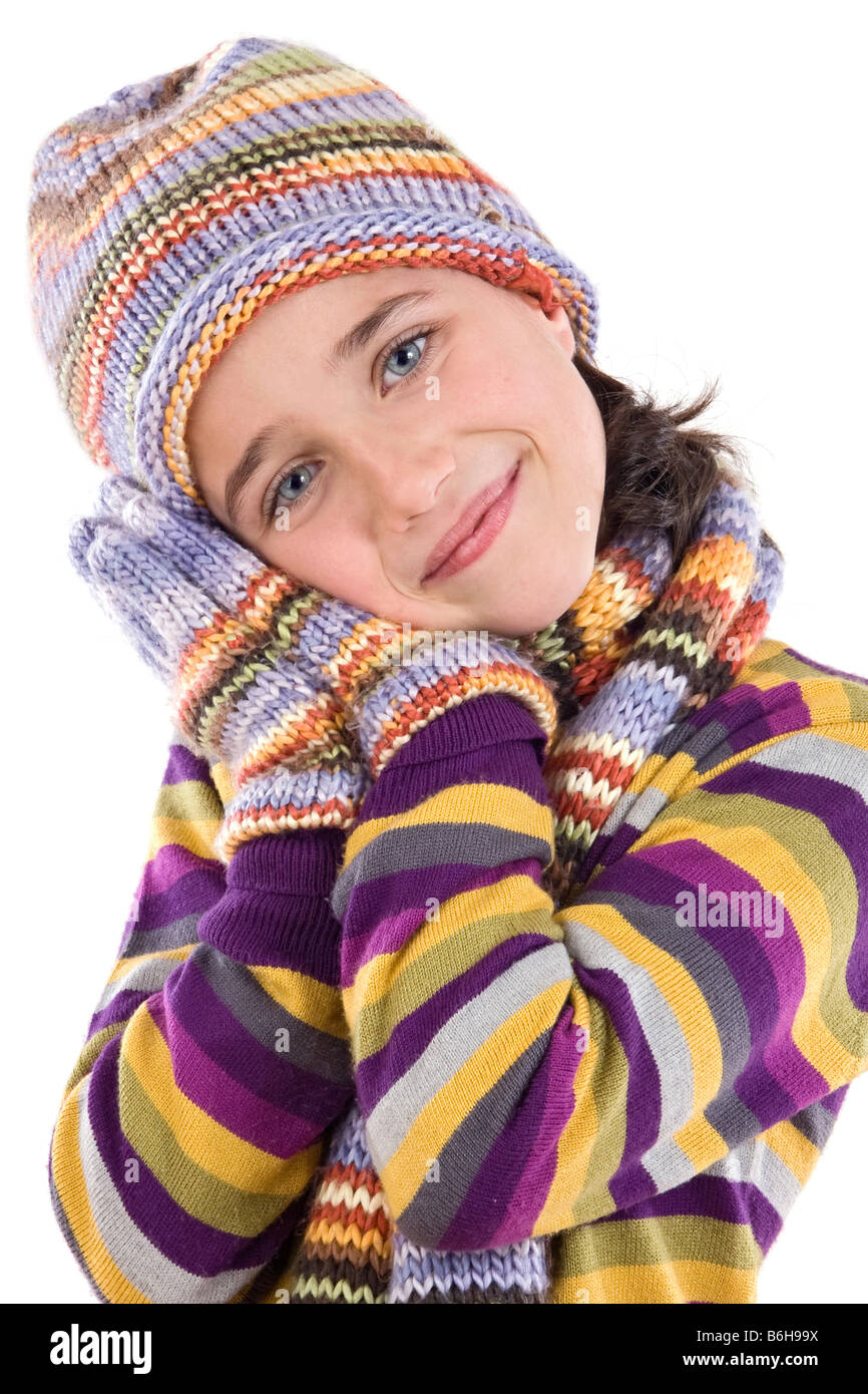 Adorable little girl with clothes for the winter isolated on white ...