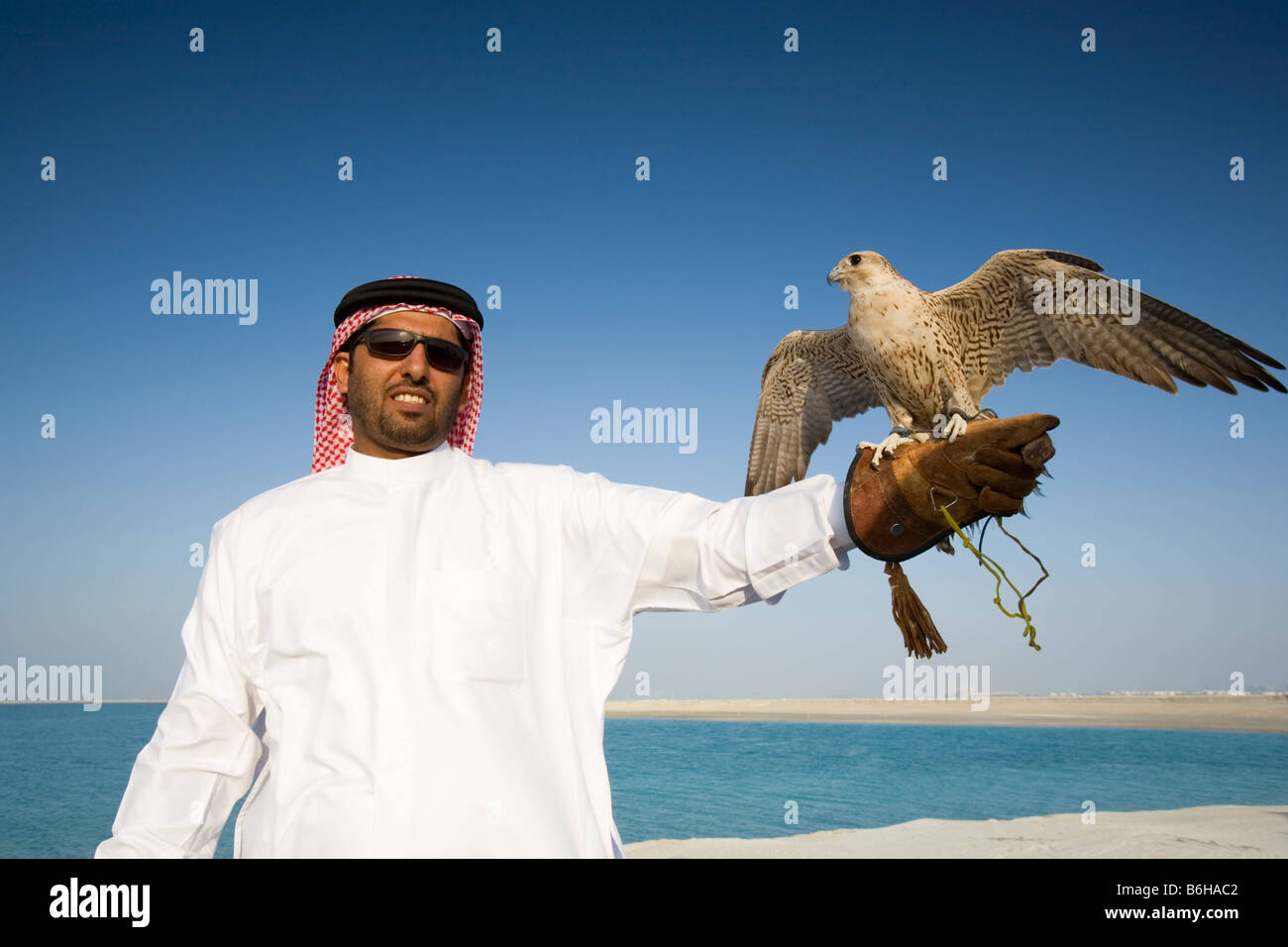 Smiling Arab national showing off his pet falcon Stock Photo - Alamy