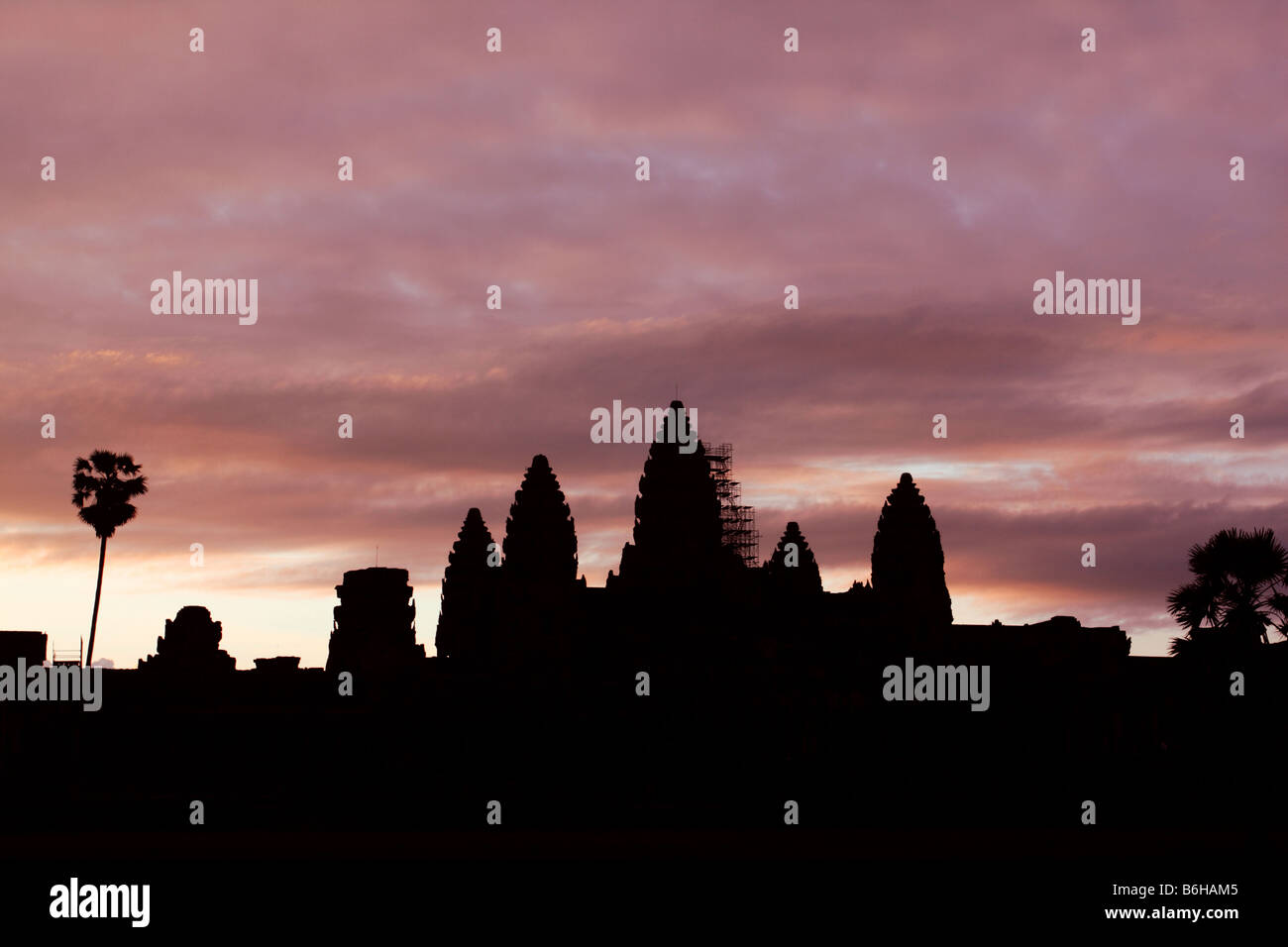 Black shape of Angkor Wat temple taken before Sunrise with a pinkish ...