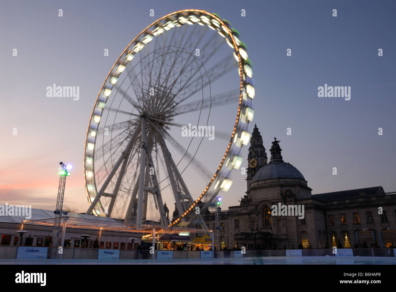 Cardiff Winter Wonderland's "Admiral Eye" and ice rink in front of City ...